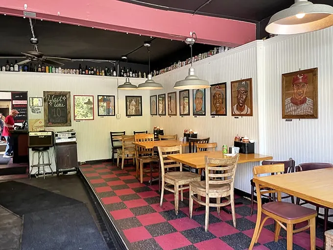 Inside Eli's, the checkerboard floor and baseball memorabilia create a nostalgic vibe that says, "Stay awhile, the brisket's worth it."