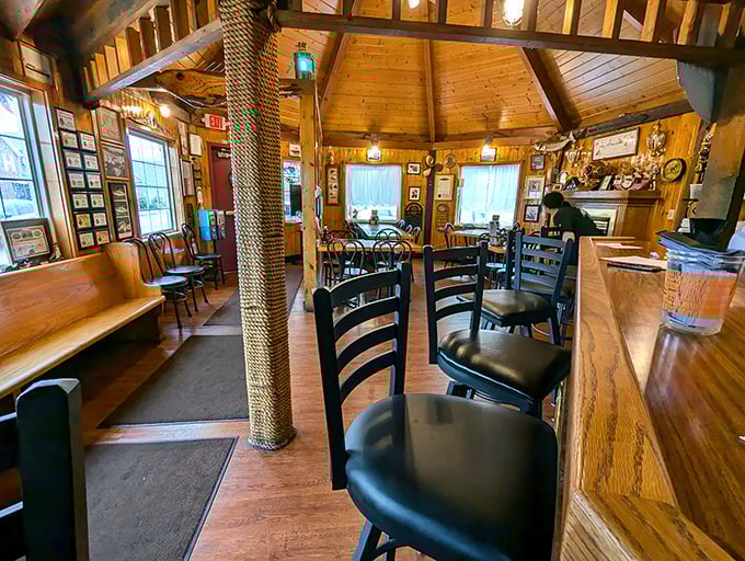 Step inside and you're suddenly in a maritime time capsule where rope-wrapped pillars and wooden beams tell stories of Great Lakes adventures.