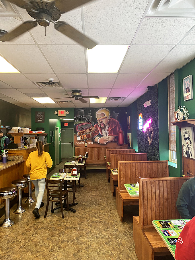 That Guy Fieri mural isn't just decoration – it's a badge of honor that says "serious breakfast happens here."