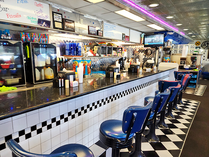 Classic blue vinyl stools line the checkered counter, where breakfast dreams come true and coffee cups never reach empty.