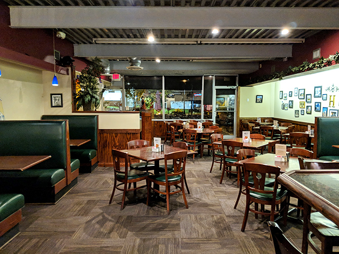 Inside, green booths and wooden tables create that classic diner feel—comfortable enough to linger over a second cup of coffee or three.