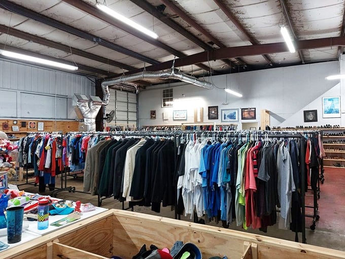 Racks upon racks of neatly organized clothing await treasure hunters. The thrill of the find is half the fun!
