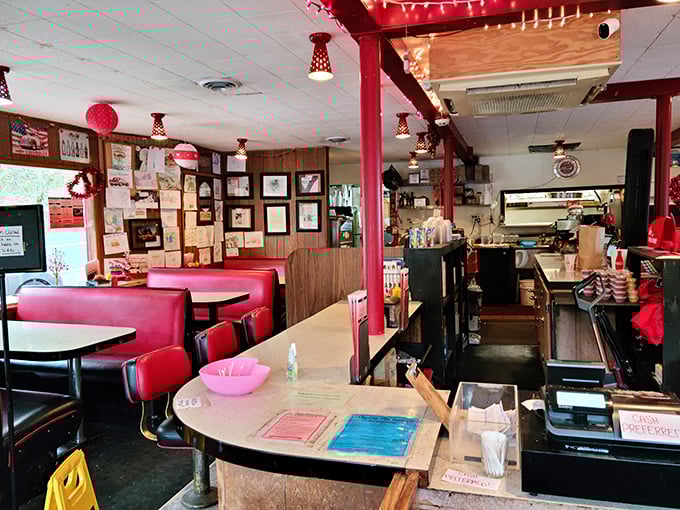 Classic red vinyl booths and wood-paneled walls tell stories of decades past, while the aroma of grilling burgers writes new memories daily.