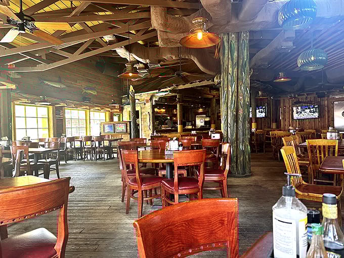 Rustic wooden beams, nautical touches, and warm lighting create the perfect backdrop for seafood feasts and vacation memories.