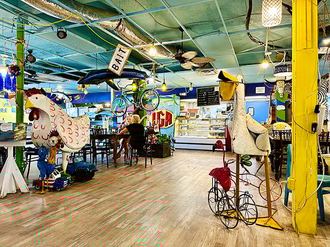 Step inside and the real show begins. Bicycles on the ceiling, chickens on parade—this isn't decoration, it's a joyful rebellion against boring breakfast spaces.