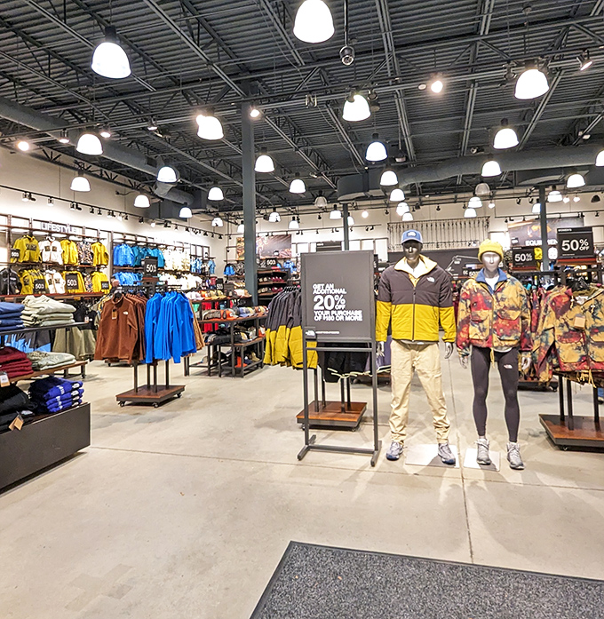 Inside Columbia, a rainbow of outdoor gear stands ready for adventure—or just looking like you're about to embark on one.