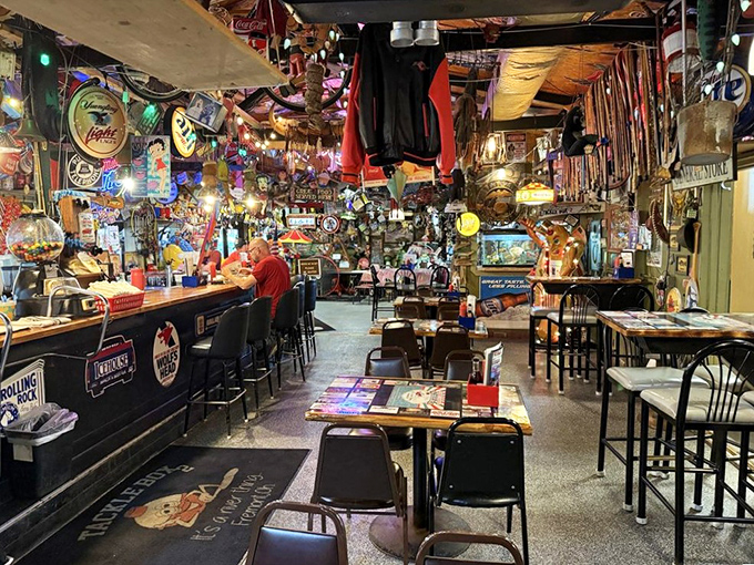 Step inside and time stops – every inch of wall and ceiling space tells a story, creating an atmosphere where memories and memorabilia compete for attention.