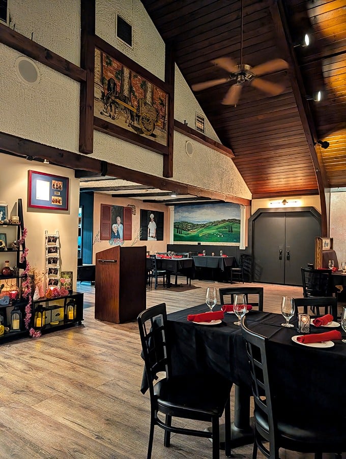 Cathedral ceilings and warm wood tones create an atmosphere that whispers "stay awhile" – this isn't fast food, it's slow food worth savoring.