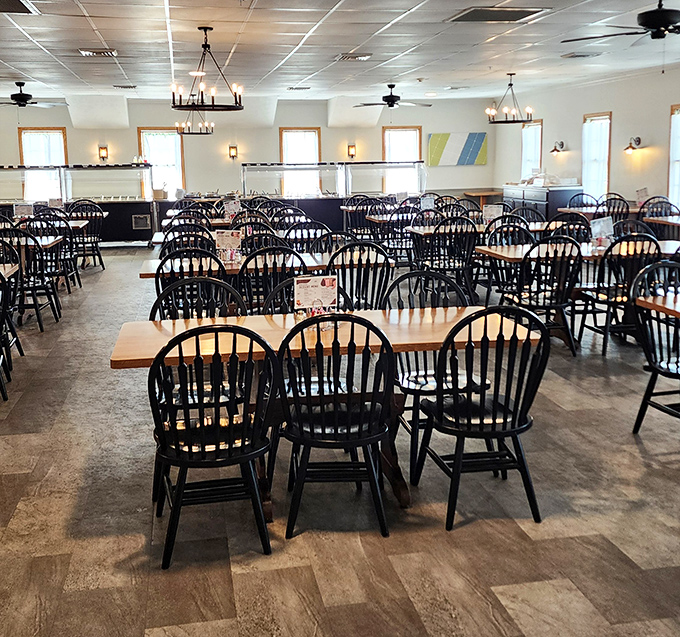 Windsor chairs and rustic chandeliers create the perfect backdrop for the food coma you're about to willingly enter.