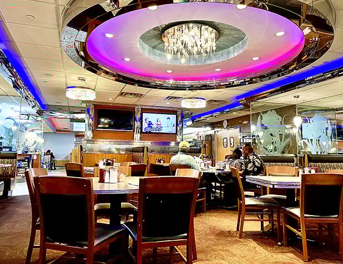Beneath crystal chandeliers and color-changing LED lights, diners enjoy meals in an atmosphere that asks, "Who says comfort food can't dress up for the occasion?"