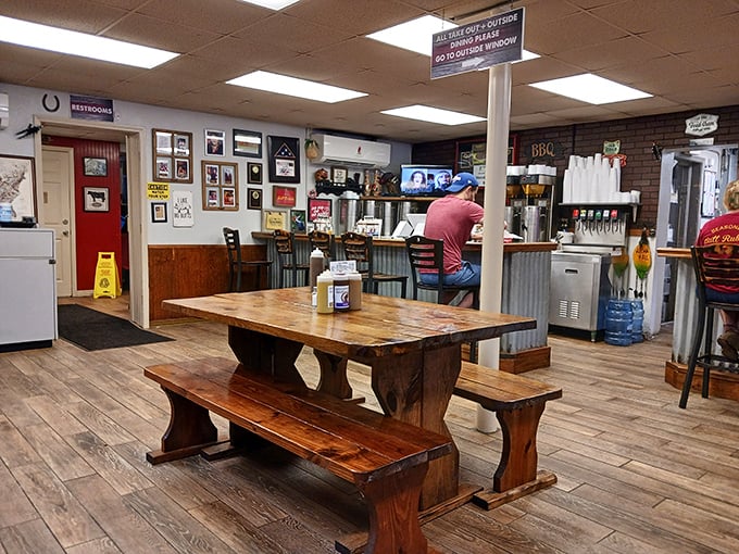Rustic wooden tables and corrugated metal accents create that perfect "discovered treasure" vibe – like finding the secret room in Willy Wonka's factory, but for meat lovers.