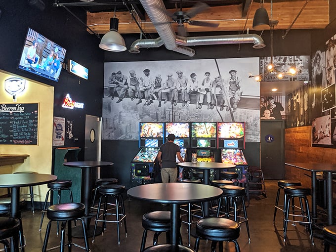 Pizza and pinball – name a more iconic duo. The famous "Lunch atop a Skyscraper" photo watches over modern arcade warriors at this slice of New York nostalgia.