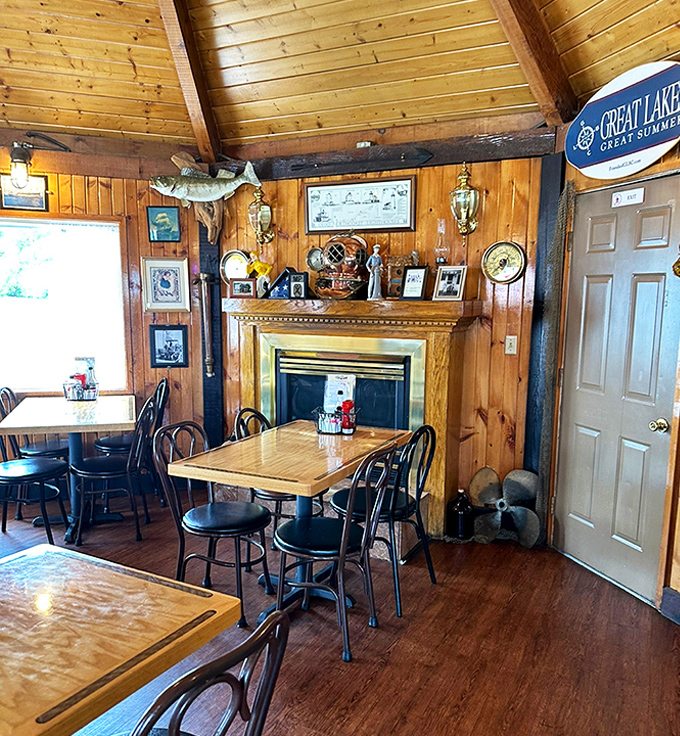 Wood-paneled walls and maritime memorabilia create the perfect atmosphere for serious seafood conversations and laughter.