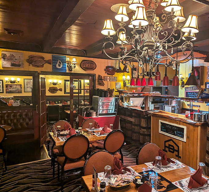Step inside and time stands still—chandeliers, wood paneling, and nautical touches create the perfect atmosphere for important eating decisions.
