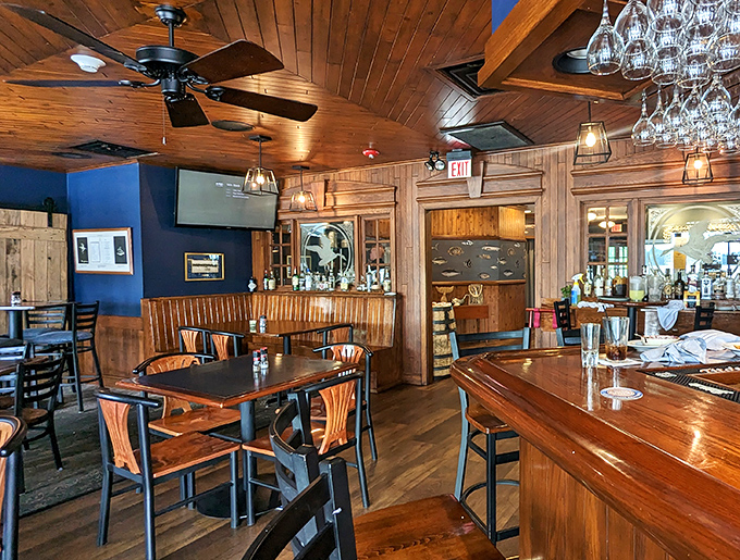 Warm wooden ceilings, navy blue walls, and nautical touches create the perfect maritime backdrop for seafood feasting. No plastic lobsters in sight—just honest Eastern Shore charm.