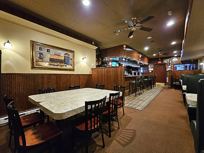 Classic wood paneling and comfortable seating create that perfect "everybody knows your name" vibe. This isn't Instagram-bait décor—it's the real deal where memories are made.