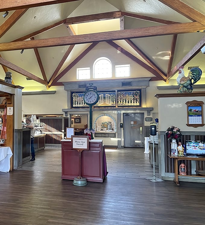 Soaring wooden beams and warm lighting create that "grandma's house" feeling, if grandma had room for 200 hungry guests.