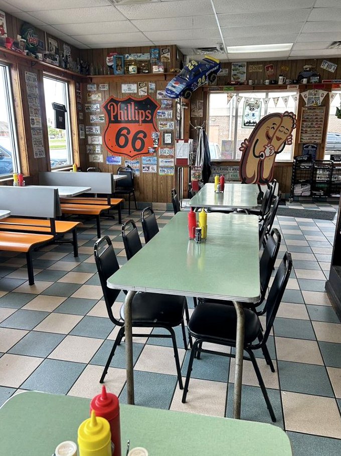 Step inside and you're transported to a simpler time – where wood paneling, Route 66 memorabilia, and two cuddling corn dogs tell you you're home.