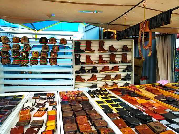 Leather artisans display their craft like a museum of functional art—wallets, belts, and boots waiting to tell new stories with their future owners.
