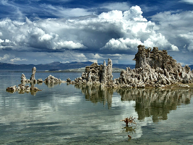 Nature's sculpture garden emerges from Mono Lake's alkaline waters. These otherworldly tufa towers have been patiently forming for thousands of years—talk about slow-crafted art! 