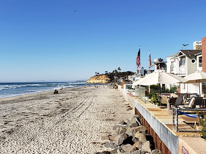 From above, Del Mar reveals its perfect balancing act – ocean, beach homes, and the famous racetrack, all coexisting in coastal harmony.