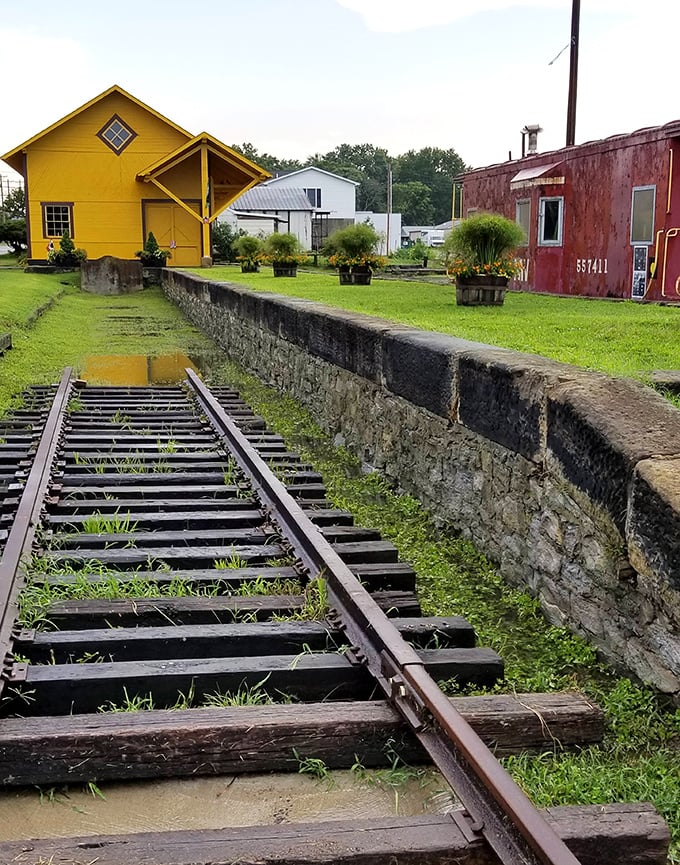 Old railroad tracks lead to colorful historic buildings, a reminder that in Gallipolis, even transportation infrastructure gets a second act as art.