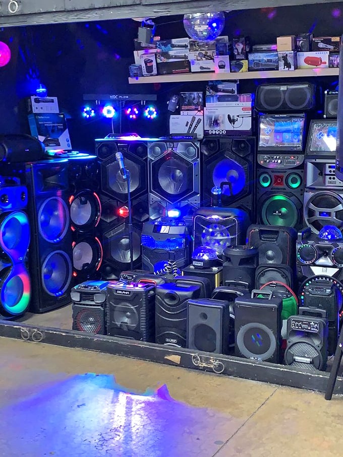 Bass-heavy beats and neon glow create a nightclub atmosphere in the electronics section. These speakers aren't whispering—they're shouting "take me home!"