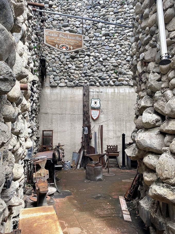 The castle blacksmith shop looks ready for a medieval craftsman to step in. Forget Renaissance Faires—this is the real deal, permanently installed in suburbia.