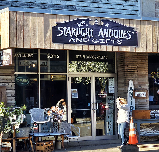 Step inside and prepare for a journey through time. The wooden sign and carefully curated window display hint at the wonders waiting within.