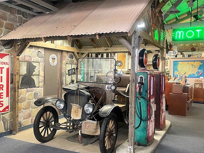 Step back in time at this meticulously recreated gas station where a Model T waits patiently, as if its owner just popped in for a cold soda.