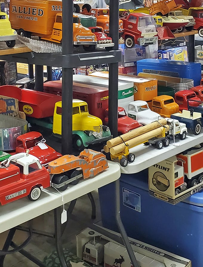 Miniature time machines lined up for inspection. These vintage toy trucks aren't just collectibles—they're portals to childhood memories of simpler times.