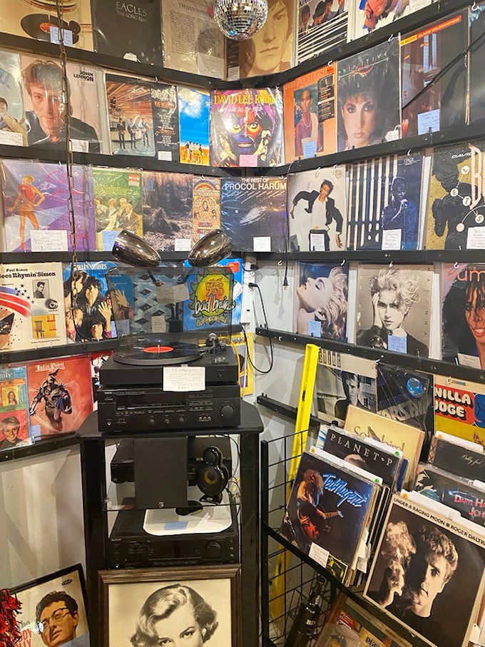 A vinyl lover's paradise! Classic albums from Eagles to Procol Harum line the walls, with a vintage turntable ready to transport you back in musical time.