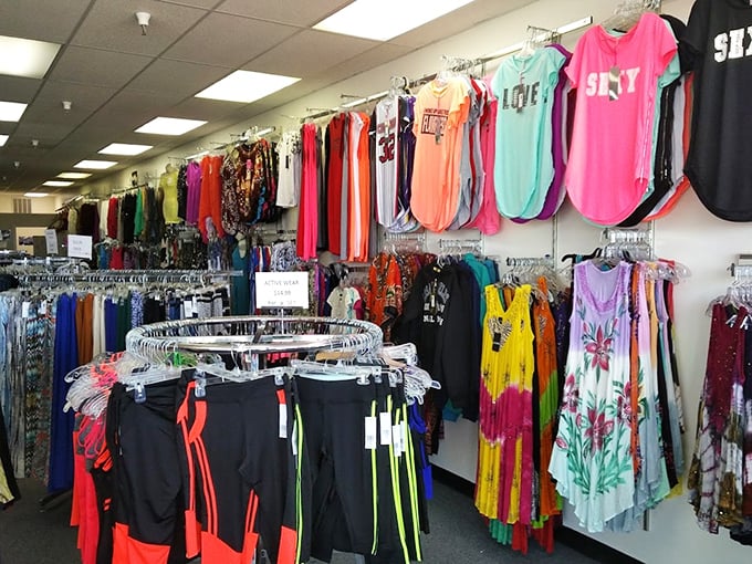 A rainbow explosion of casual wear beckons shoppers with its "Life is too short for boring clothes" philosophy. Bargain paradise in technicolor.