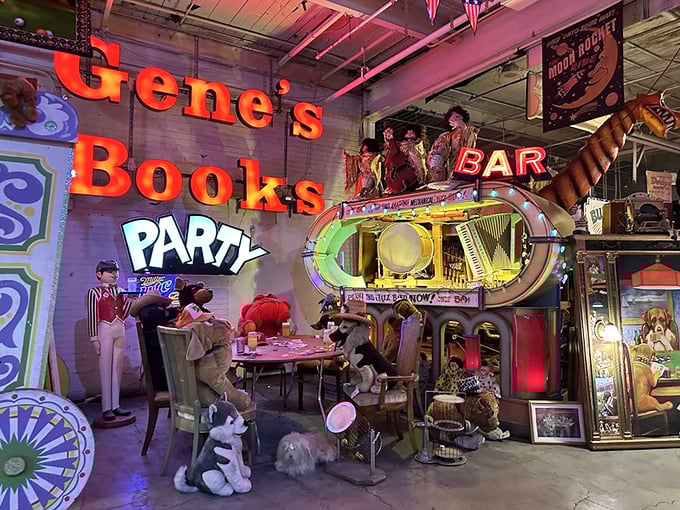 Gene's Books meets "Party" meets "Bar" in this neon-lit vignette. It's like someone's fever dream of the perfect night out circa 1965.