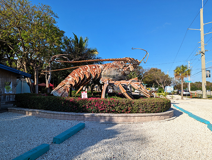 From this angle, Betsy's impressive 40-foot length comes into full view, surrounded by a perfectly manicured tropical garden that frames her artistic details.