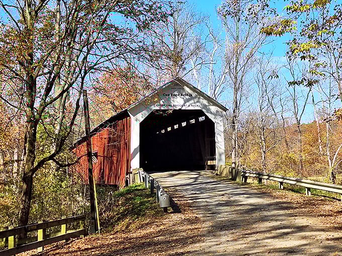 This isn't just any covered bridge—it's a time machine with wooden beams. The Narrows Covered Bridge stands as Indiana's answer to those fancy European stone arches.