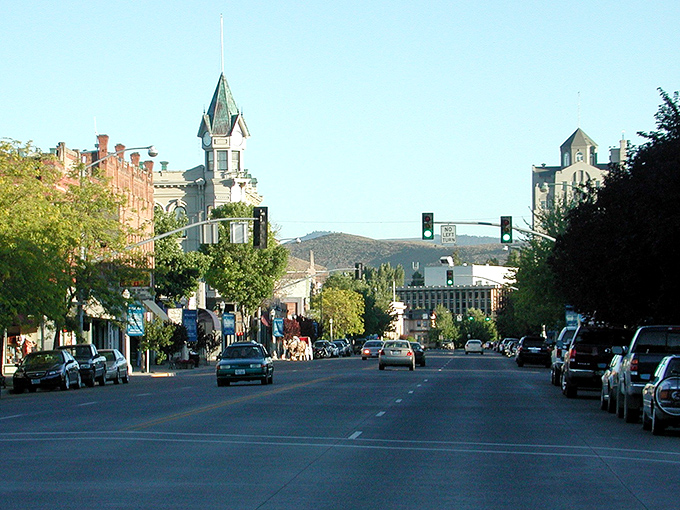Downtown Baker City at golden hour – where Victorian architecture and mountain views collide in a postcard-perfect scene that no filter could improve.