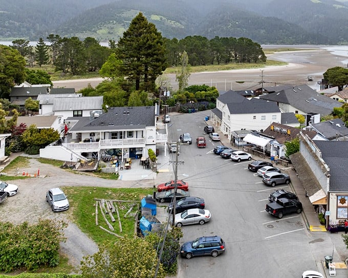 Bolinas from above – a patchwork of weathered rooftops and hidden gardens nestled between mountain and sea. The town's reluctant postcard view.