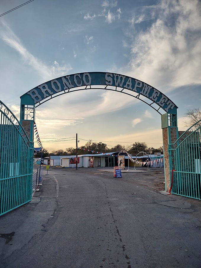 The iconic teal arch stands like a portal to retail adventure. Morning light bathes the entrance, while early birds strategize their treasure-hunting routes.