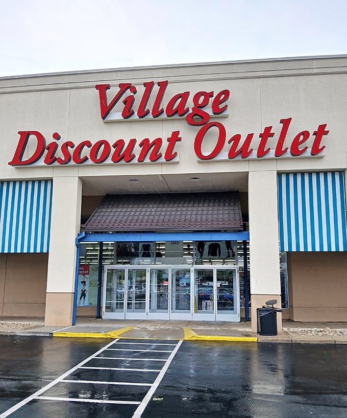 Rain or shine, these blue-trimmed entrance doors serve as portals to an alternate dimension where yesterday's castoffs become tomorrow's treasures.