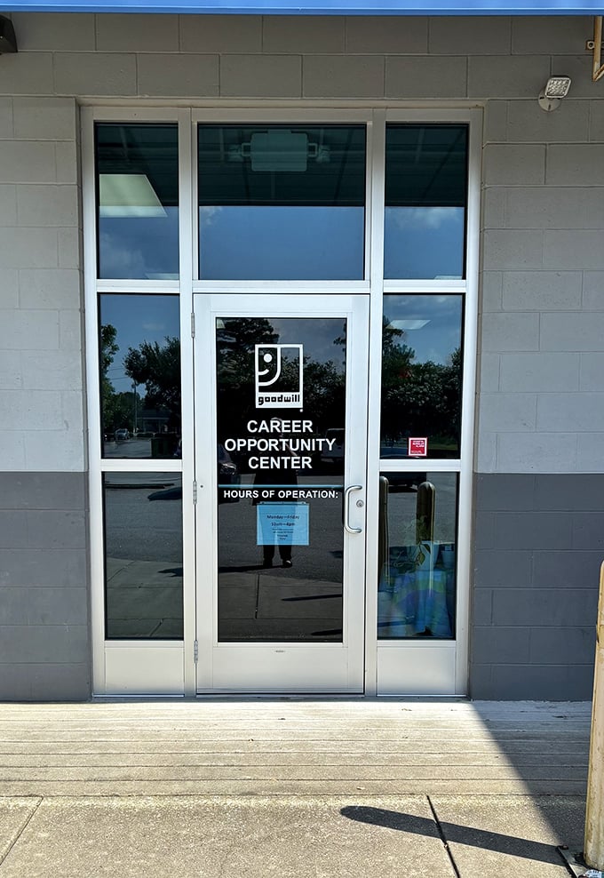 Beyond these doors lies a world where one person's castoffs become another's treasures. The Career Opportunity Center reminds us shopping here does double duty.