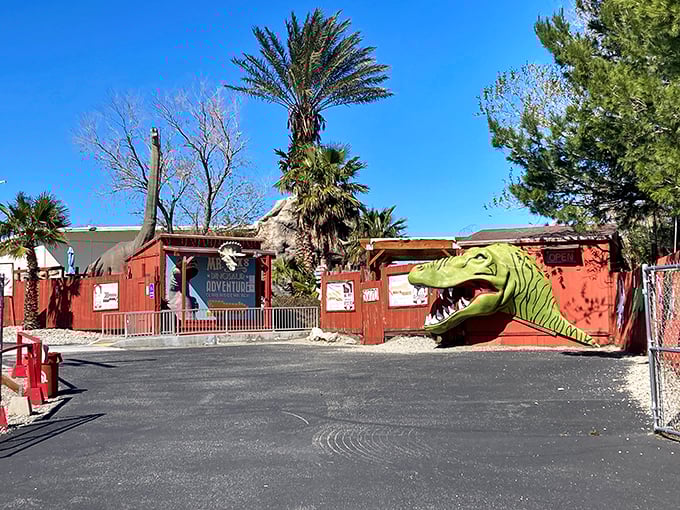 Welcome to dino-country! The entrance to Dinosaur Adventure features a toothy green greeter who seems eager to check your tickets.