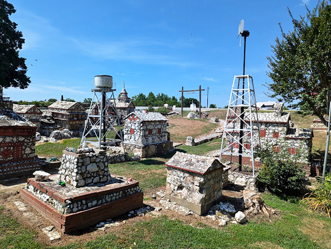 Water towers and windmills stand sentinel over this tiny town. From this angle, you could almost convince yourself you're looking at a full-sized village from afar.