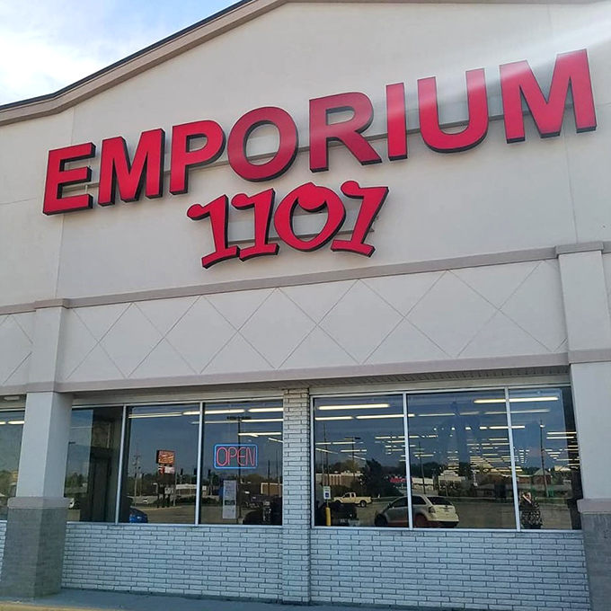 Up close and personal with the store's bold red lettering – like a siren song calling to your inner treasure hunter.