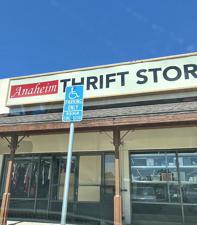 Blue skies and bargain dreams await behind these doors. The thrift store's modest entrance belies its cavernous interior.