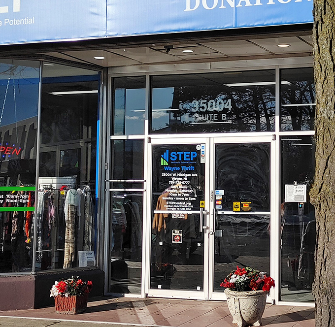 STEP's entrance beckons with possibility—each visit offers a different adventure as inventory constantly rotates through these glass doors.