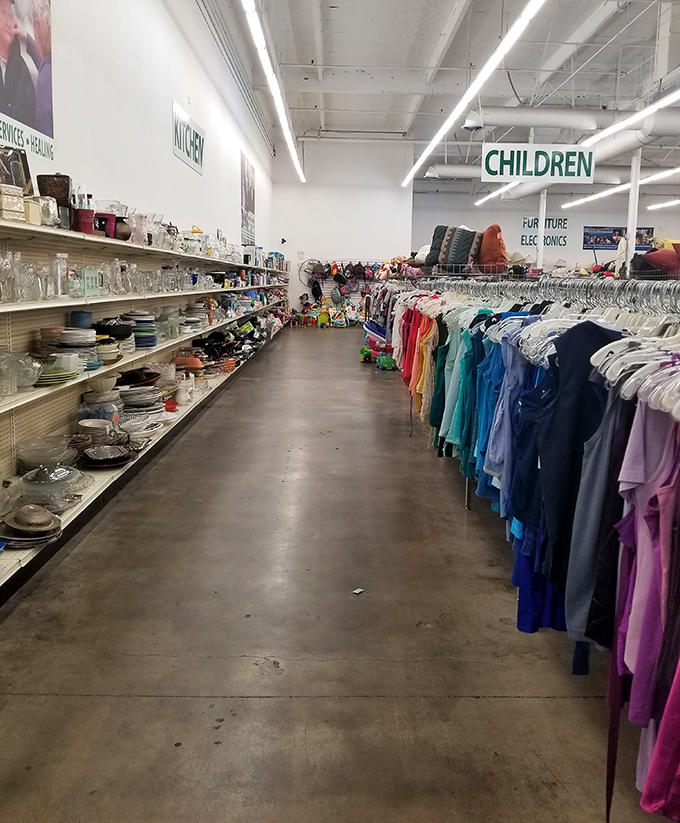 Where kitchen treasures meet children's fashion – the ultimate retail mullet: business on the left, party on the right.