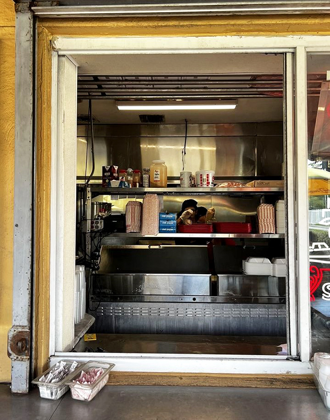 Behind every great hot dog is a kitchen with purpose. This no-frills setup is where the magic happens—simple, efficient, and focused on flavor.