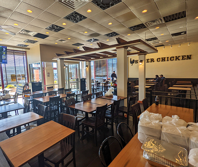 Simple wooden tables and practical seating tell you everything you need to know—this place puts its energy where it matters: in the kitchen, not the decor.