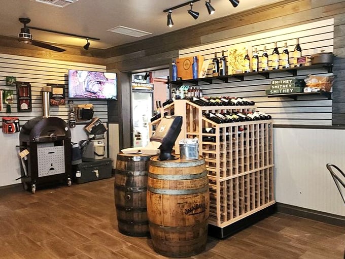 Wine barrels and wooden racks create that perfect rustic-meets-refined vibe – because great BBQ deserves great wine pairings.